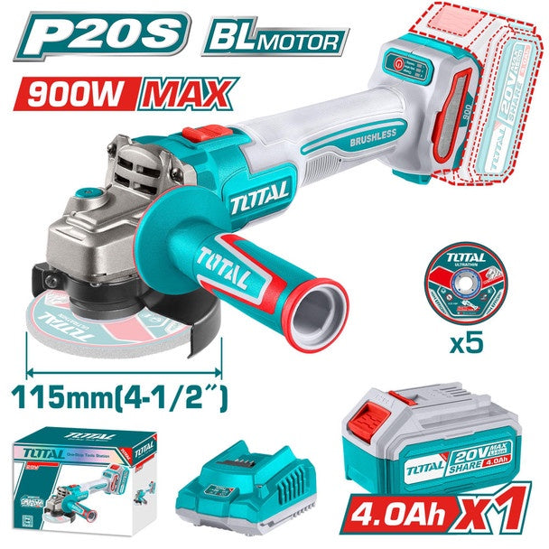 Total 900W Cordless Angle Grinder w/ Battery & Charger Combo Set 4.0Ah ...